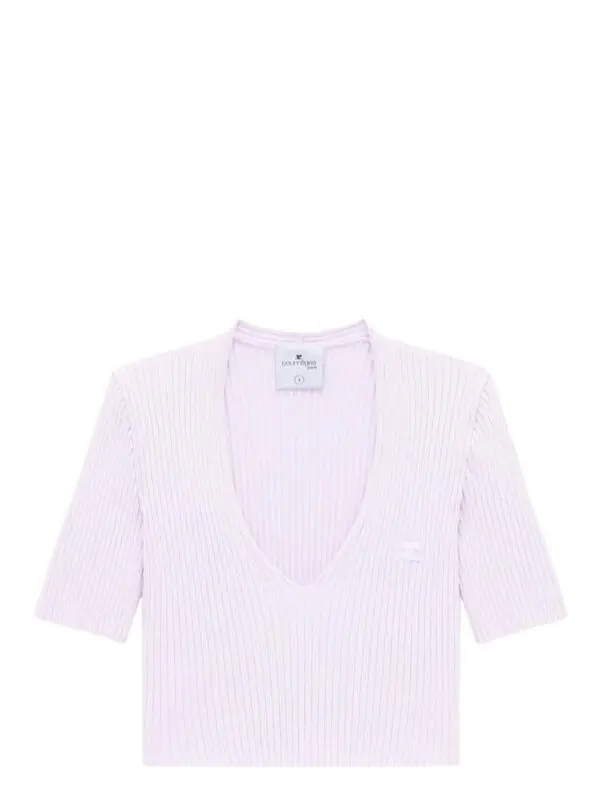 COURREGES Courrèges V-neck Cropped Knit Top With Embroidered Ac Logo - White