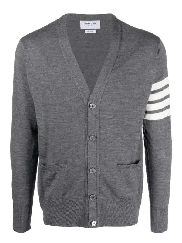 Thom Browne 4-bar V-neck Knitted Cardigan - Gray