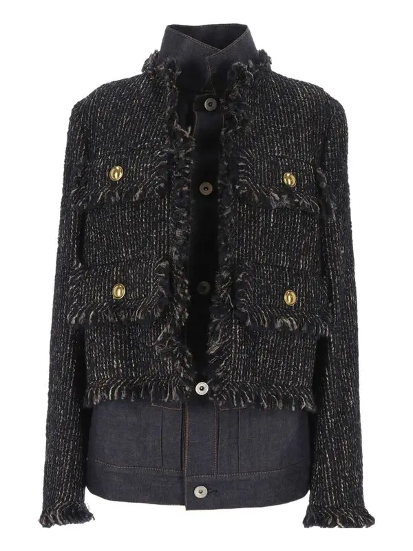 Sacai Tweed-panel Denim Jacket - Navy  Indigo