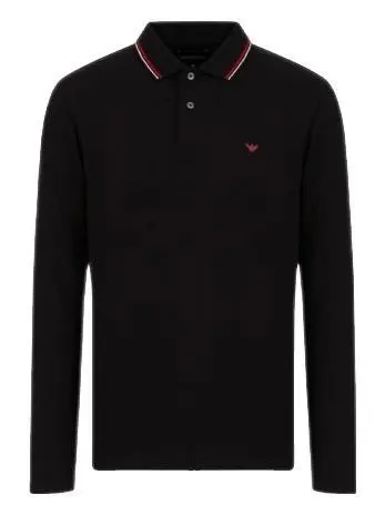 Emporio Armani Micro Eagle Embroidered Long-sleeved Stretch Pique Polo Shirt - Black