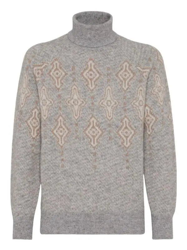 Brunello Cucinelli Geometric Jacquard Turtleneck Knit Jumper - Gray