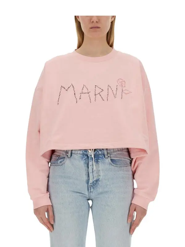 Marni Logo Detailed Cropped Sweatshirt - Pink
