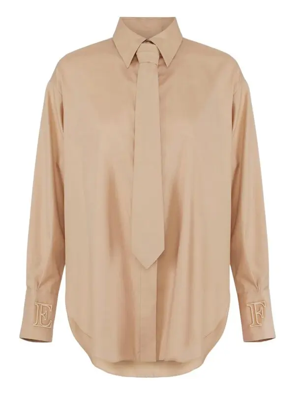 Elisabetta Franchi Tie Detail Cotton Shirt With Embroidered Cuffs - Nude
