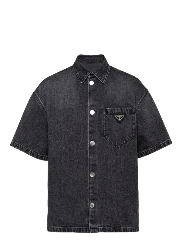 Prada Logo Plaque Short Sleeved Denim Shirt - Black
