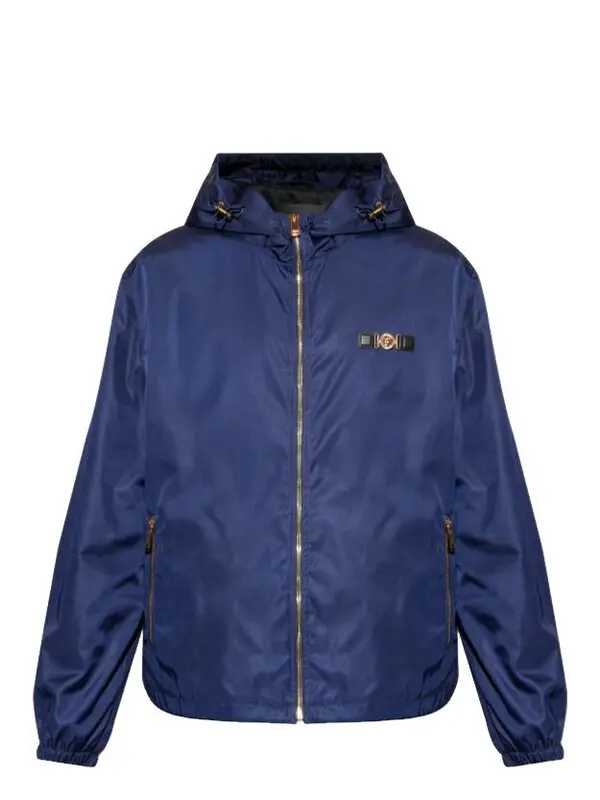 Versace Zip-up Hooded Jacket With Logo Detail - Navy Blue