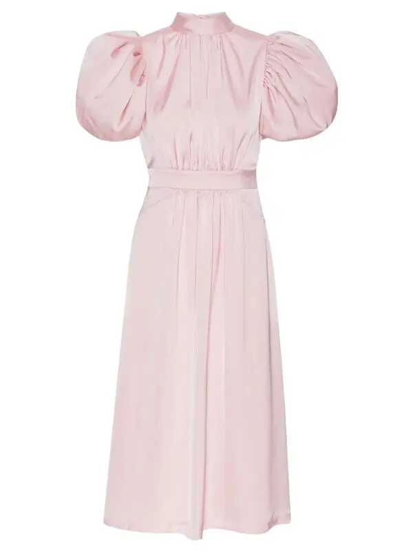 ROTATE BY BIRGER CHRISTENSEN Puff Sleeve Tie Neck Midi Dress - Pink