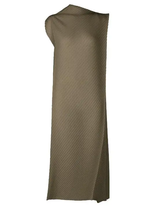 Issey Miyake Fold Pleats Sleeveless Midi Dress - Khaki