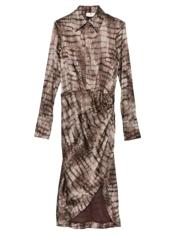 Elisabetta Franchi Long Sleeved Printed Asymmetrical Midi Dress - Brown