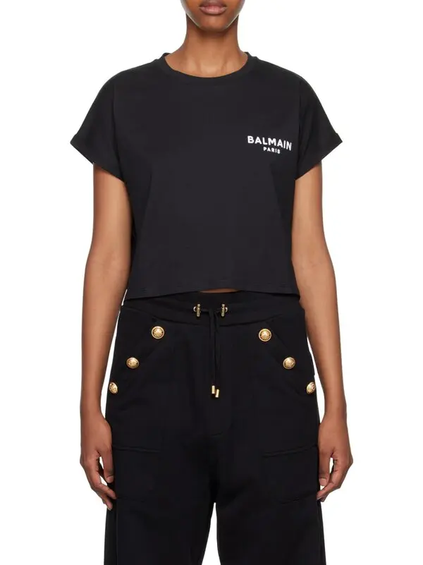 Balmain Flocked Logo Cropped T-shirt - Black