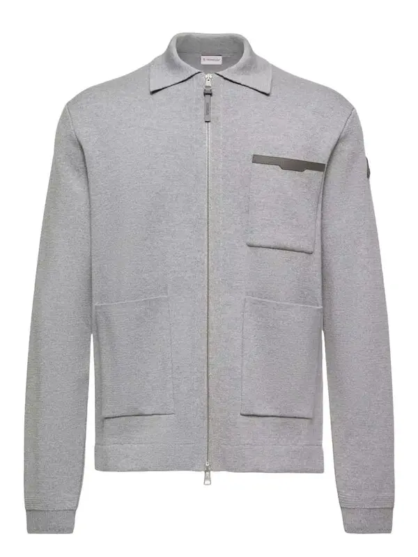 Moncler Wool Zip-up Cardigan With Leather Logo Details - Grey