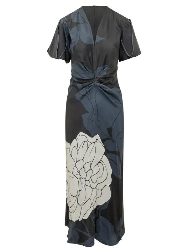 Victoria Beckham Floral Print V-neck Kimono Sleeve Dress - Black