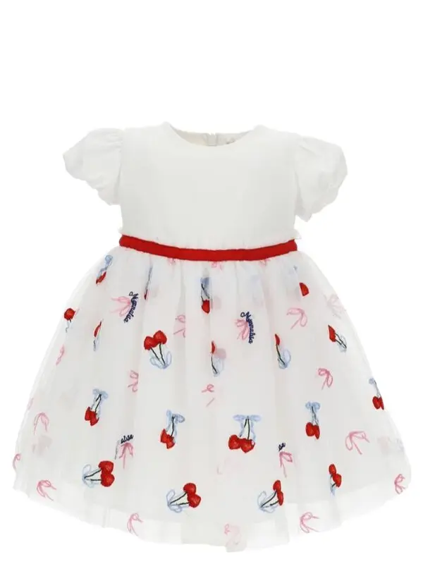 Monnalisa Cherry Embroidered Tulle Dress - White