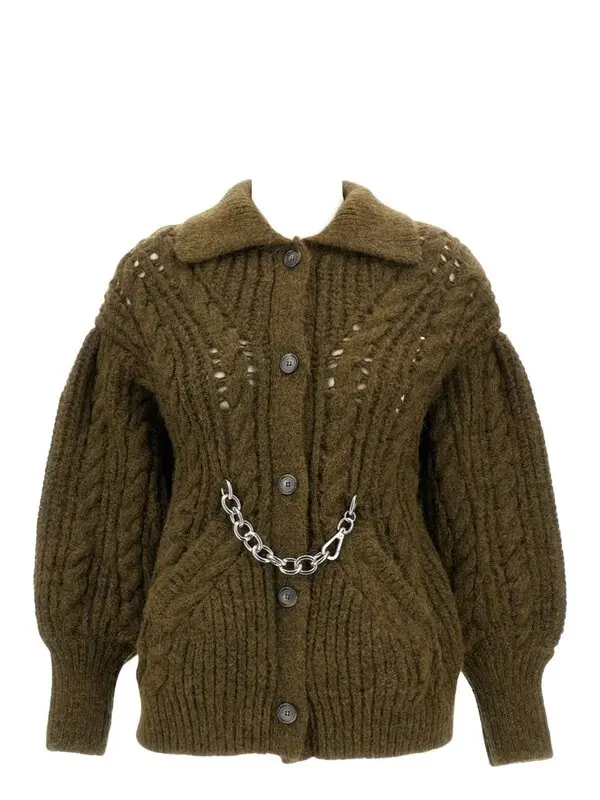 Simone Rocha Long-sleeved Cardigan With Lapel Collar And Chain Detail - Olive