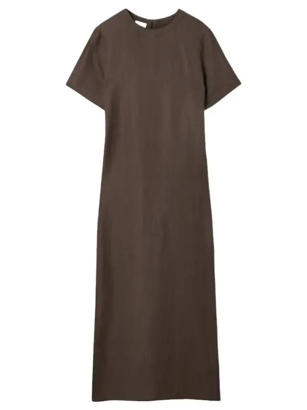 Brunello Cucinelli Round Neck Short Sleeve Maxi Dress With Slit Skirt - Brown