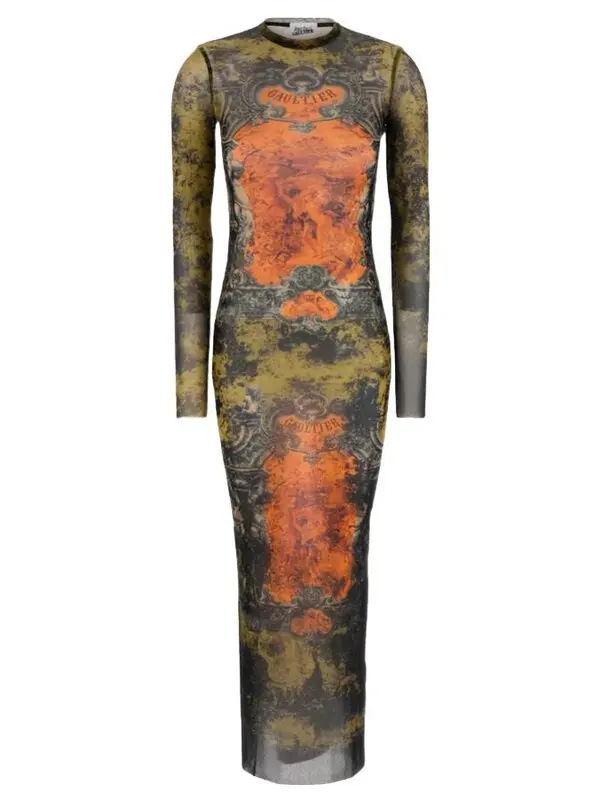 JEAN PAUL GAULTIER Long Sleeve Printed Tulle Maxi Dress - Brown