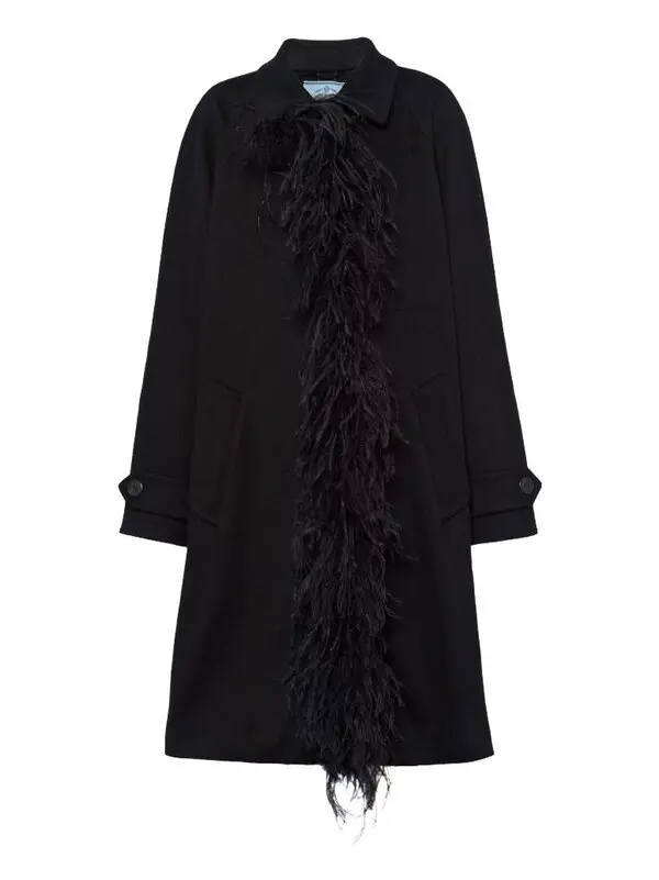 Prada Long-sleeved Belted Coat With Feather Details - Black