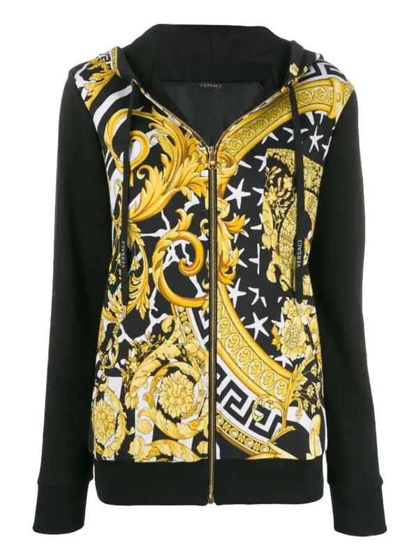 Versace Logo Print Hooded Zip-up Jacket - Black