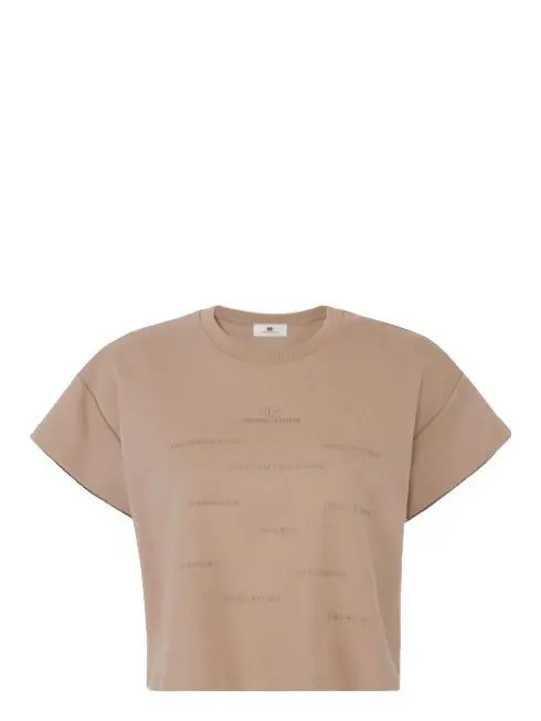 Elisabetta Franchi Ribbed Crewneck T-shirt With Raised Logo - Nude