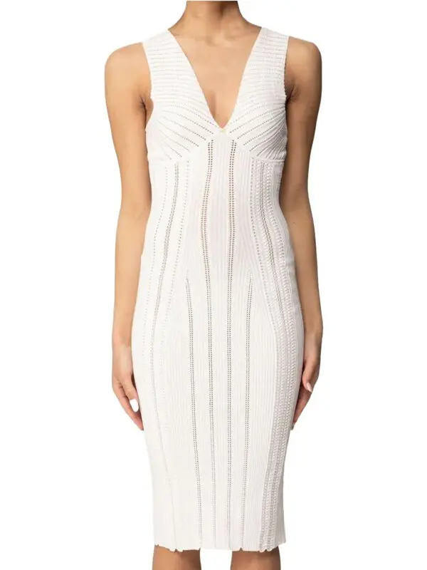 Elisabetta Franchi V-neck Knitted Midi Dress With Rhinestone Embellishment - White