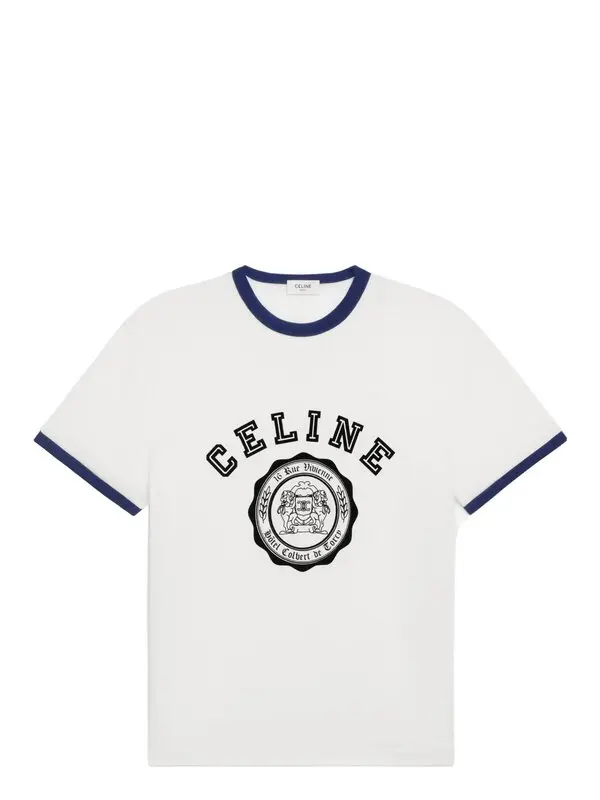 Celine Blason Loose T-shirt In Cotton Jersey - Off-white/ocean/black
