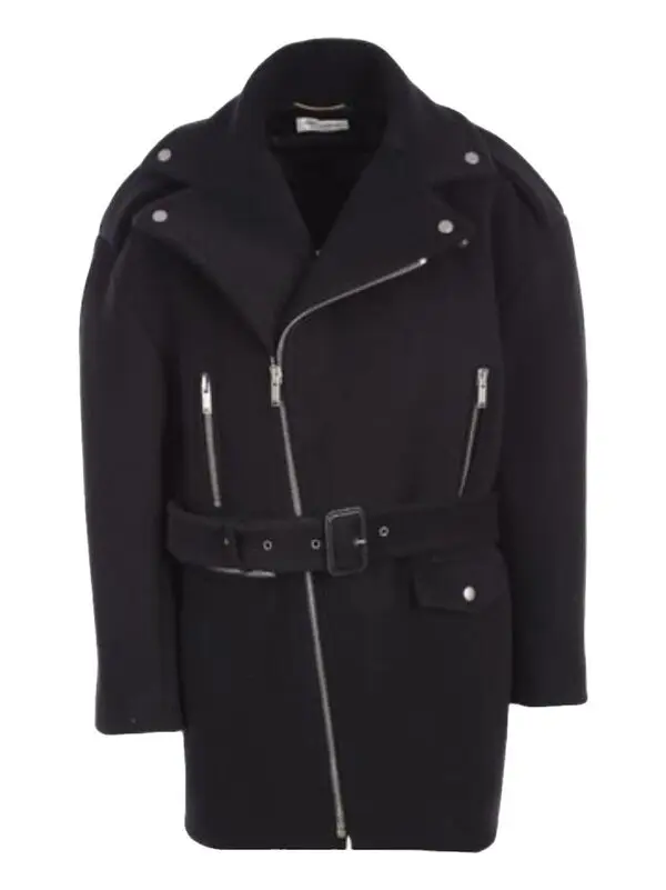 Saint Laurent Zip-up Belted Coat - Black
