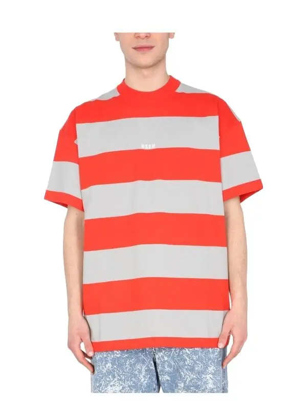 MSGM Embroidered Logo Striped T-shirt - Orange