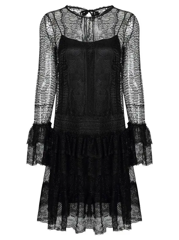 Alberta Ferretti Long Sleeve Lace Dress With Tie Detail - Black