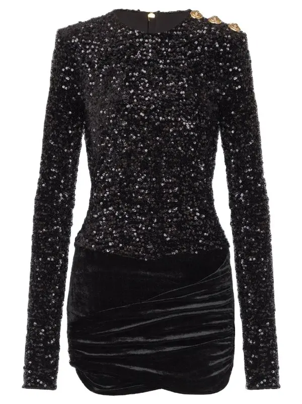 Balmain Sequined Velvet Draped Dress - Black