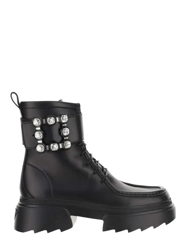 ROGER VIVIER Embellished Lace-up Combat Boots - Black