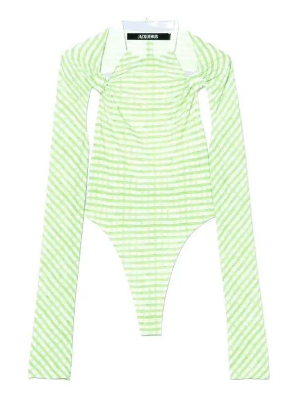 Jacquemus Open Back Checkered Long Sleeve Bodysuit - Green