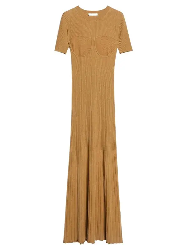 Max Mara Ribbed Knit Maxi Dress With Pleated Hem - Camel