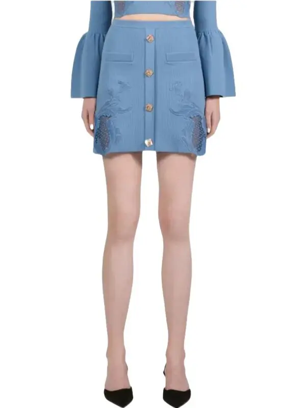 SELF-PORTRAIT Lace Inlaid Rib Knitted Skirt - Blue