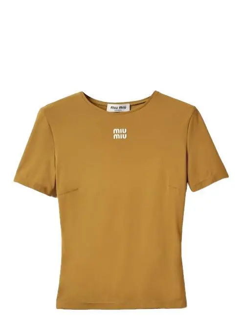 Miu Miu Short-sleeved Crewneck T-shirt With Rubber Logo Patch - Olive Green