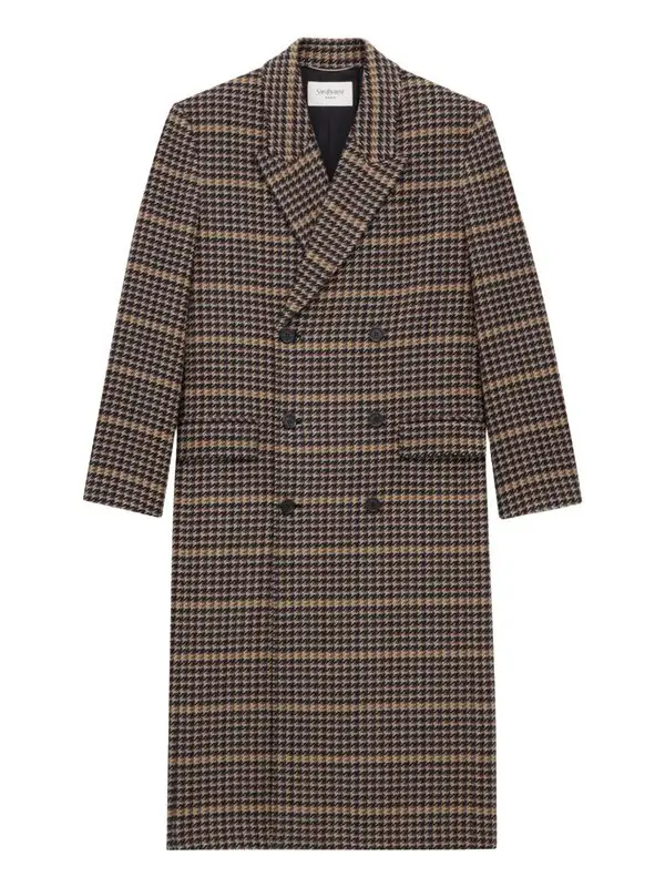 Saint Laurent Long Wool Check Double Breasted Coat - Black