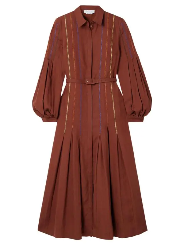 Gabriela Hearst Aleka Belted Embroidered Linen Midi Shirt Dress - Wine Red