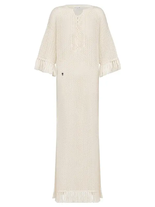 Dior Logo Embroidered Fringe Detailed Maxi Dress - White