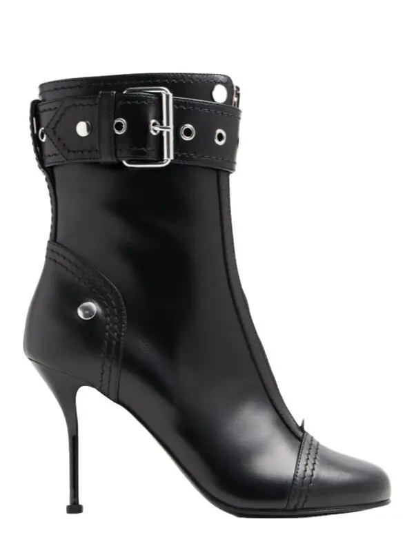 Alexander McQueen Leather Stiletto Ankle Boots With Buckle And Zip - Black