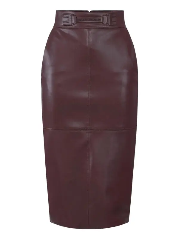 Elisabetta Franchi Logo Embossed Leather Midi Skirt - Cocoa