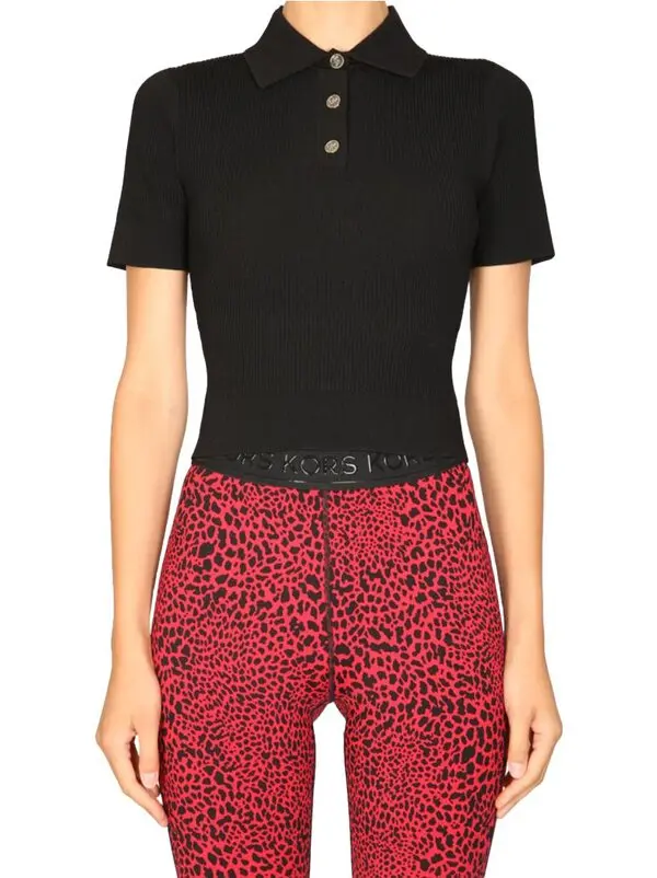 Michael Kors Ribbed Knit Polo Top With Lapel Collar And Short Sleeves - Black