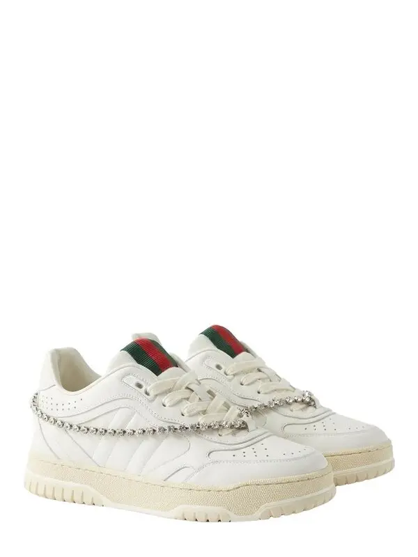Gucci Re-web Low-top Sneakers With Crystal Chain Detail - White