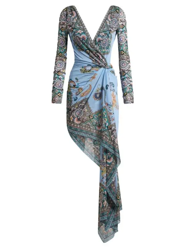 Etro Asymmetrical Printed Long Sleeve Dress - Light Blue