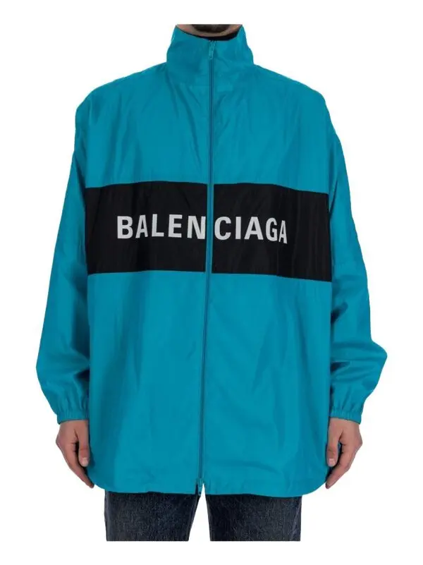 Balenciaga Logo Printed High-neck Zip-up Jacket - Blue