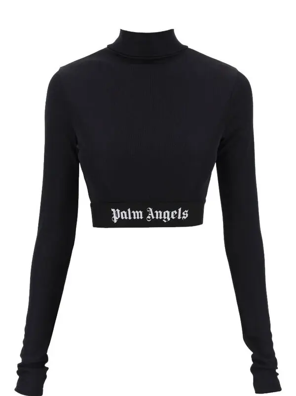 Palm Angels Cropped Long Sleeve High Neck Top - Black
