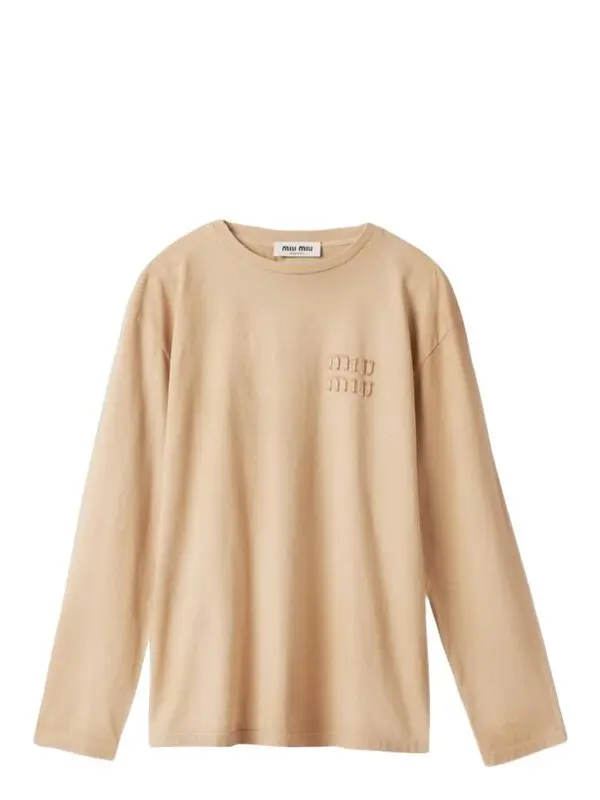 Miu Miu Garment-dyed Cotton Jersey Long Sleeve T-shirt With Embroidered Logo - Snow White