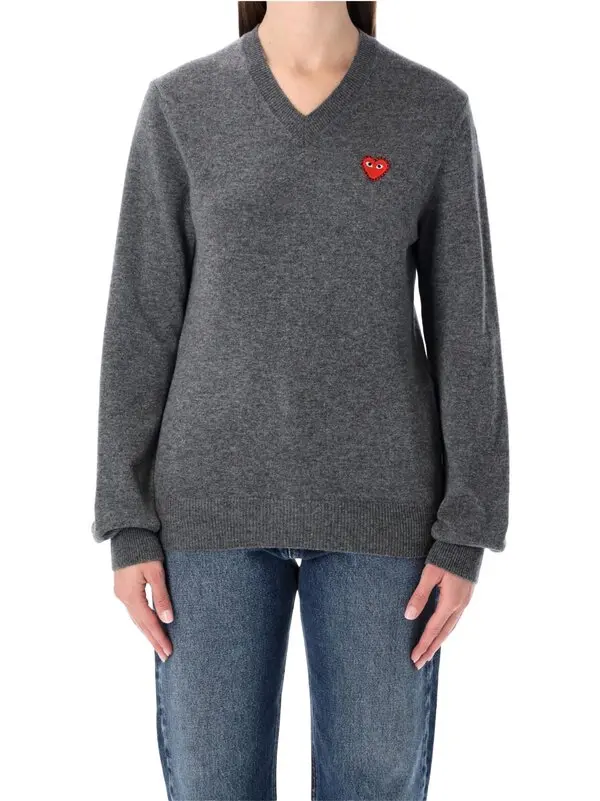 Play Comme Des Garcon V-neck Sweater With Heart Logo - Grey