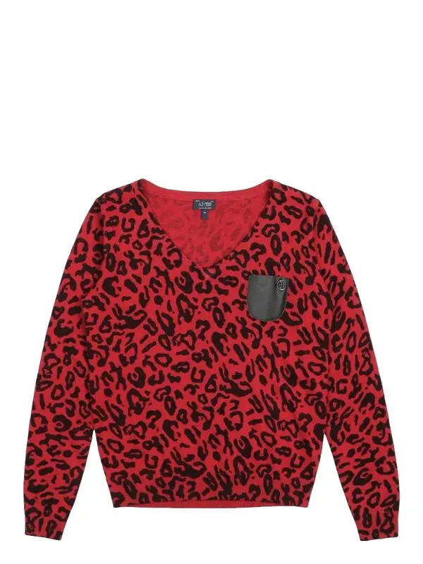 Emporio Armani V-neck Long Sleeve Leopard Print Sweater - Red