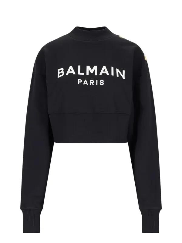 Balmain Logo Printed Crewneck Cropped Sweatshirt - Black