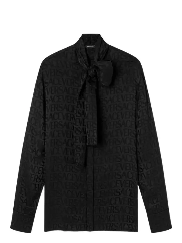 Versace Allover Logo Print Satin Shirt With Tie Neck - Black