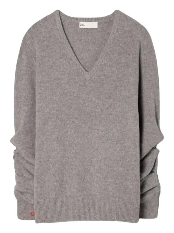 Tory Burch V-neck Long Sleeve Sweater With Floral Detail - Gray