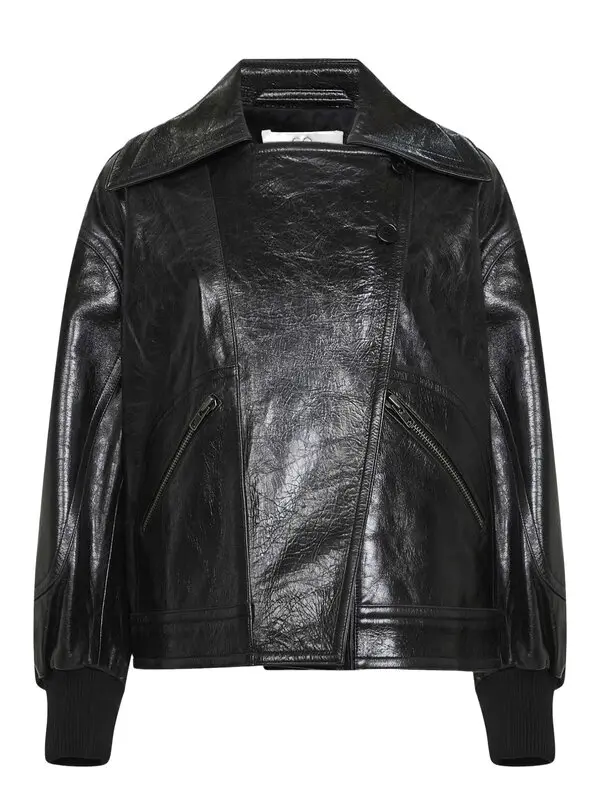 Co Asymmetric Textured Leather Coat - Black